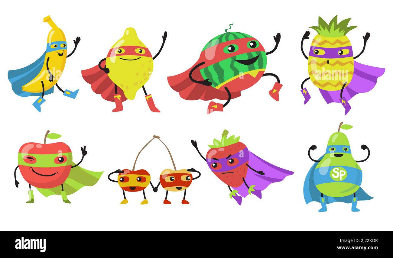 Various superhero fruits flat icon set. Comic cartoon super banana ...
