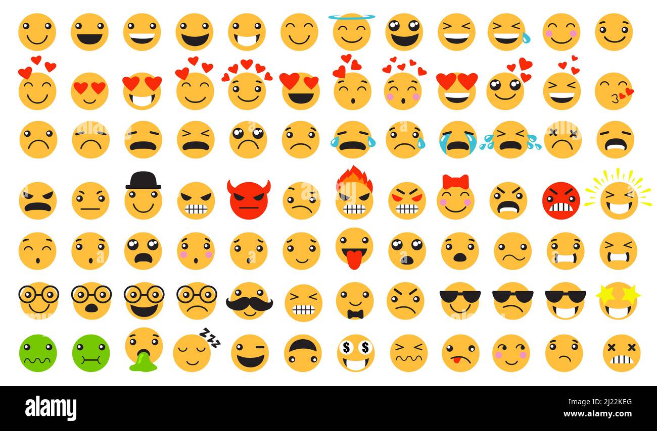 Sad and happy emoticons set. Smiling, laughing, crying, angry, furious ...