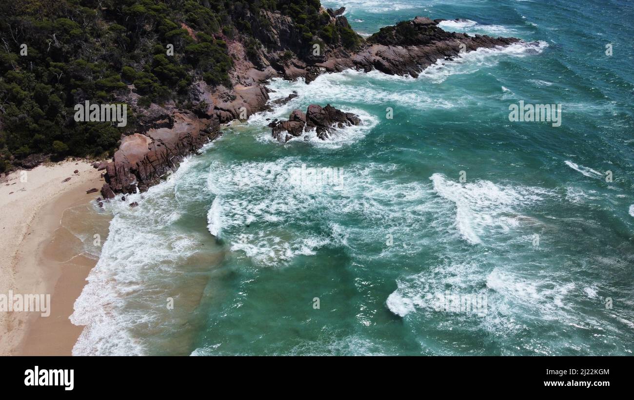 A view of a sea or an ocean with a dense forest on the coastal island ...