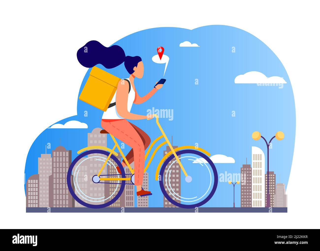 Courier riding bike and checking address on phone. Woman delivering ...