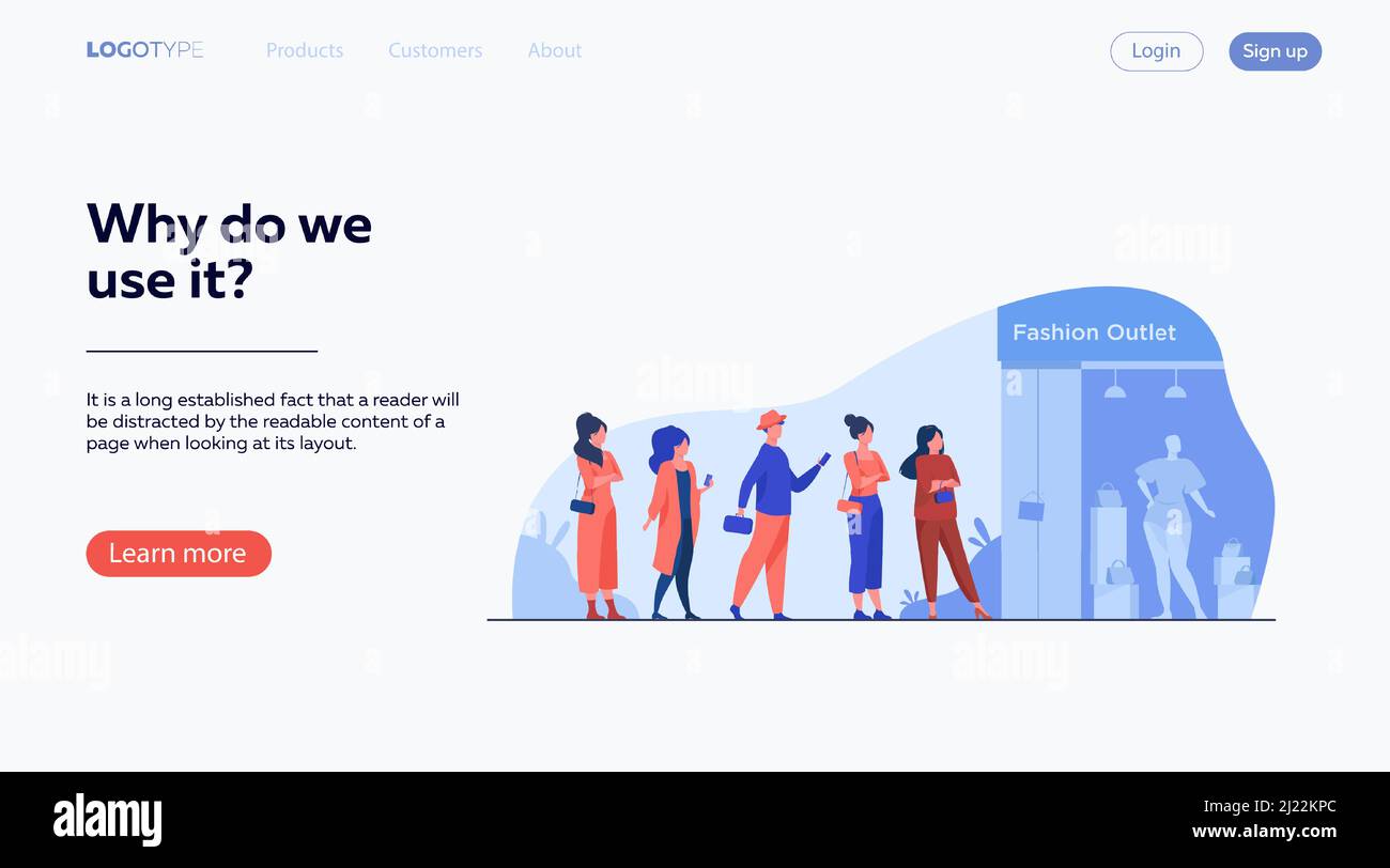 Queue of customers standing for sale at boutique window. People waiting ...