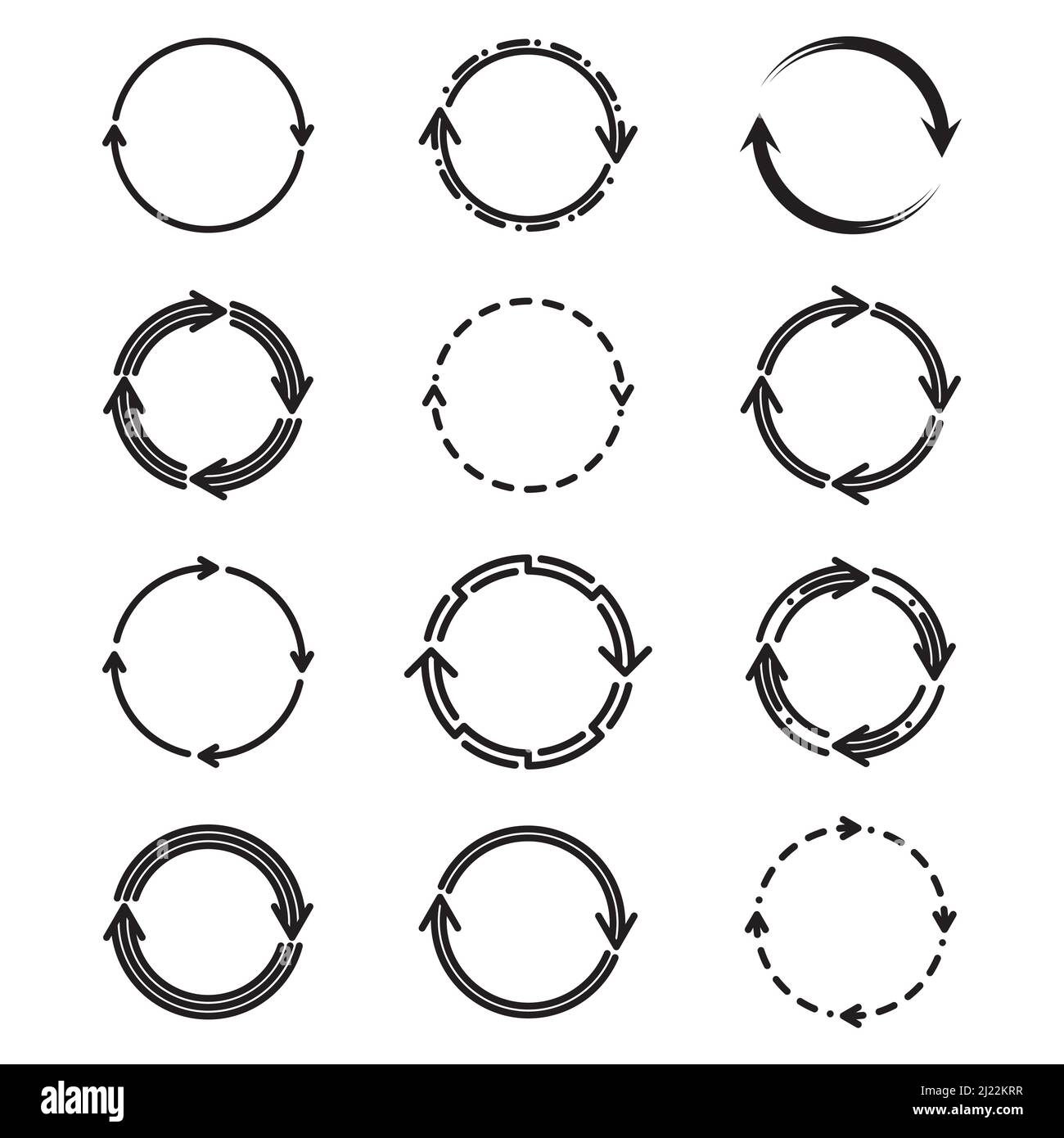 Different circle arrows flat icon set. Round reloading, recycling or repeating, loading loop ...