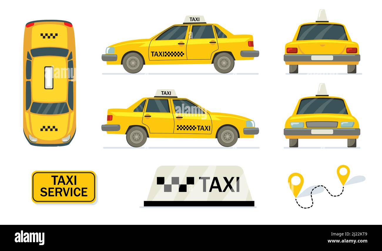 Yellow cabs set. Side, top, back views of taxi cars. Vector ...
