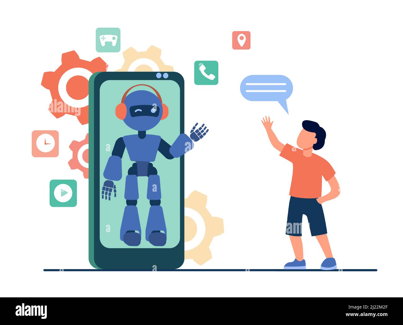 Boy waving hello at humanoid on smartphone screen. Chat bot, virtual ...