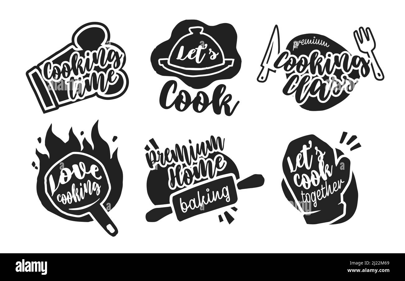Different cooking calligraphy labels flat icon set. Round emblems and ...
