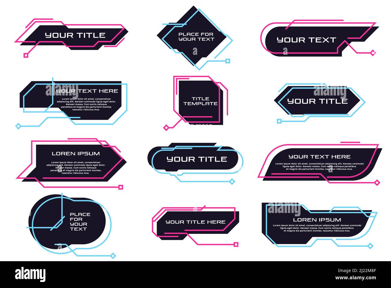 Different futuristic titles and banners flat icon set. Infographic ...