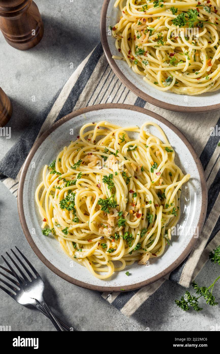Homemade Italian Spaghetti Algio e Olio with Garlic and Parmesan Stock ...