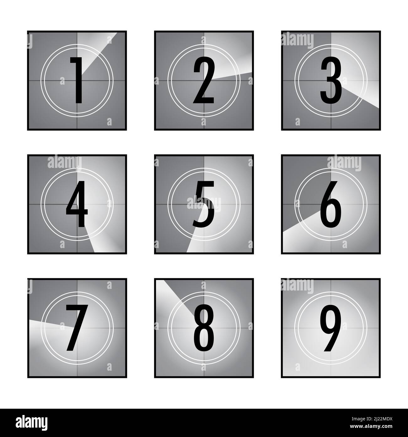 Film countdown set. Square counters with numbers in circles, vintage intro of movie, retro ...
