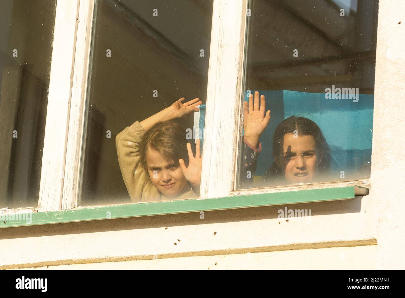 Little children with a sad look. Sad kids by the window. A child cries ...
