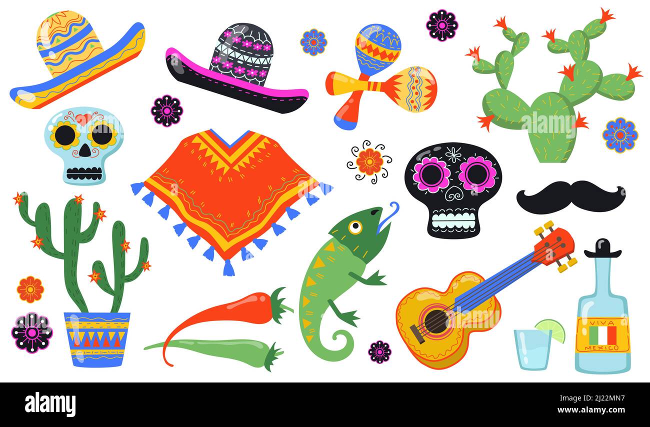 Various Mexican symbols flat icon set. Traditional Latino party with ...