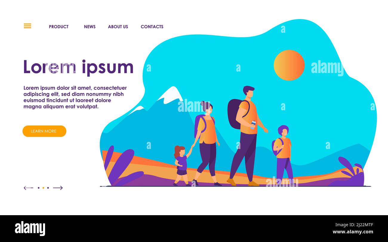 Happy active family walking outdoors. Couple of tourists with children hiking, carrying camping ...