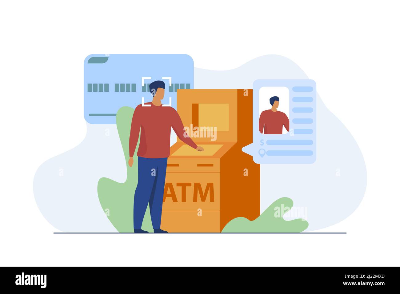 Bank face recognition technology. Man using ATM with face scanning flat ...