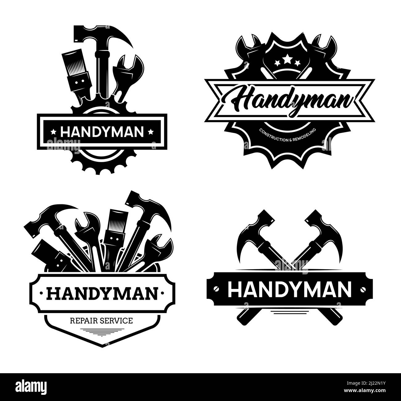 Different handyman logo flat icon set. Black vintage service badges with wrench and hammer for ...