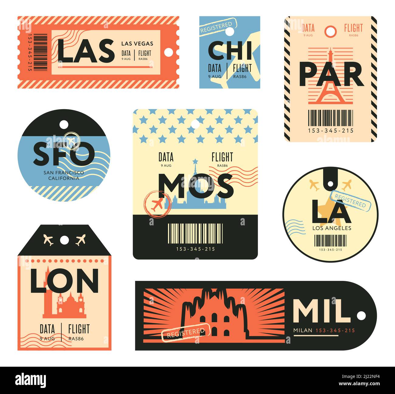 Different retro tickets for travelers flat stamps set. Colorful baggage ...