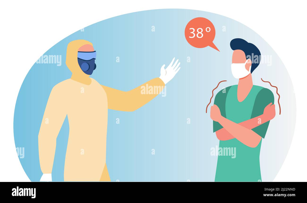Doctor in protective suit helping man with fever. High body temperature ...