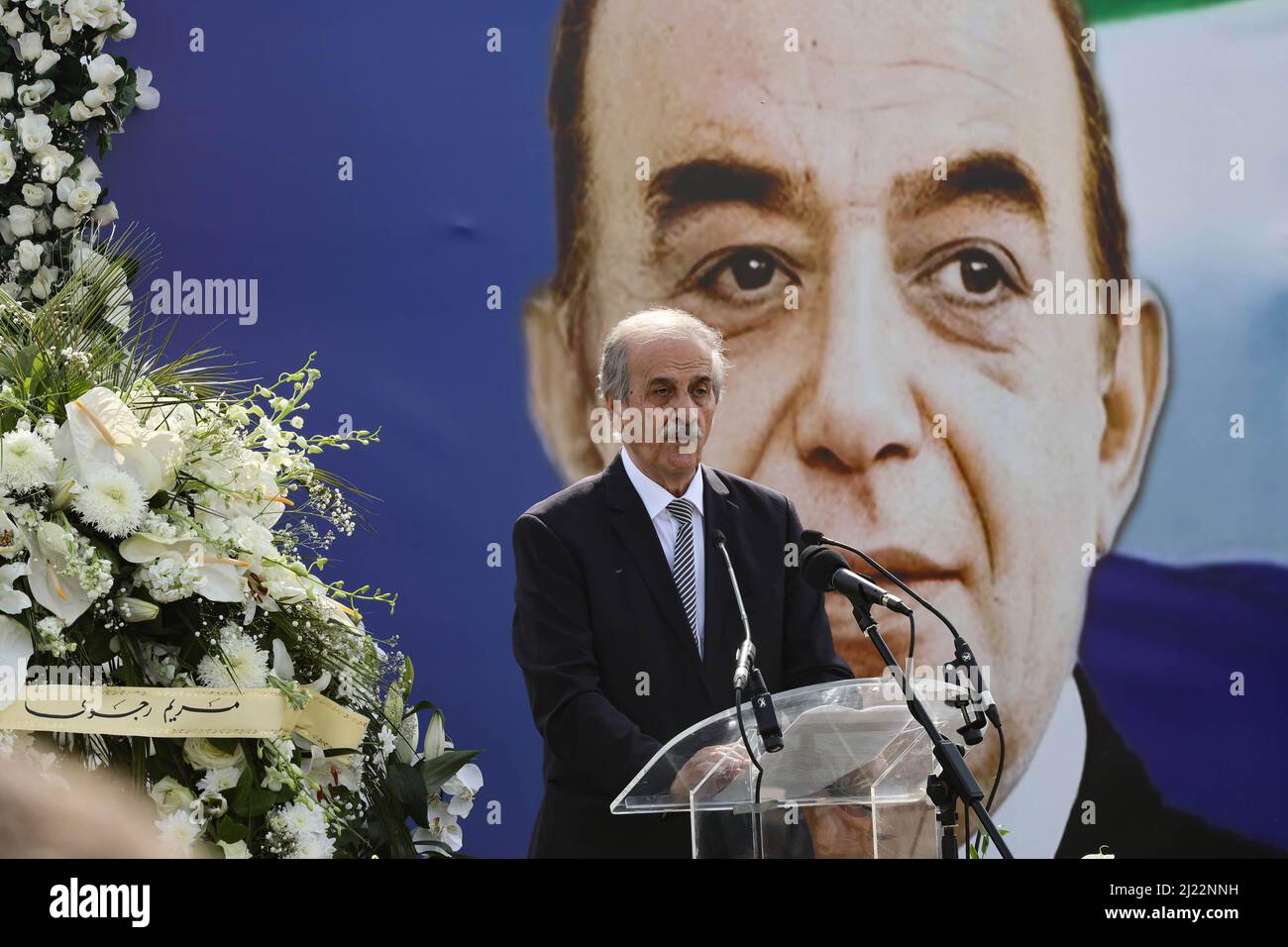 Mehdi Abrishamchi, a prominent member of Iranian Resistance, pays tribute during the memorial ...