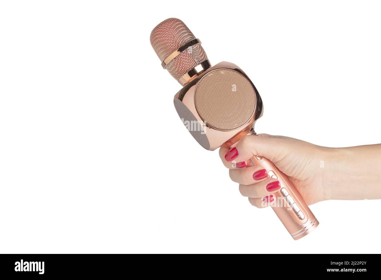 Hand Holding Microphone for Interview. Isolated on white Stock Photo ...