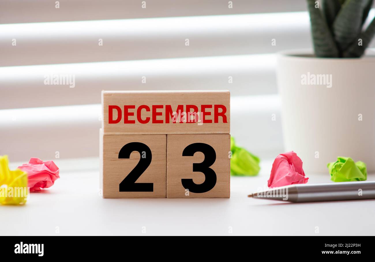 Wooden calendar December 23 on a white background close up Stock Photo ...