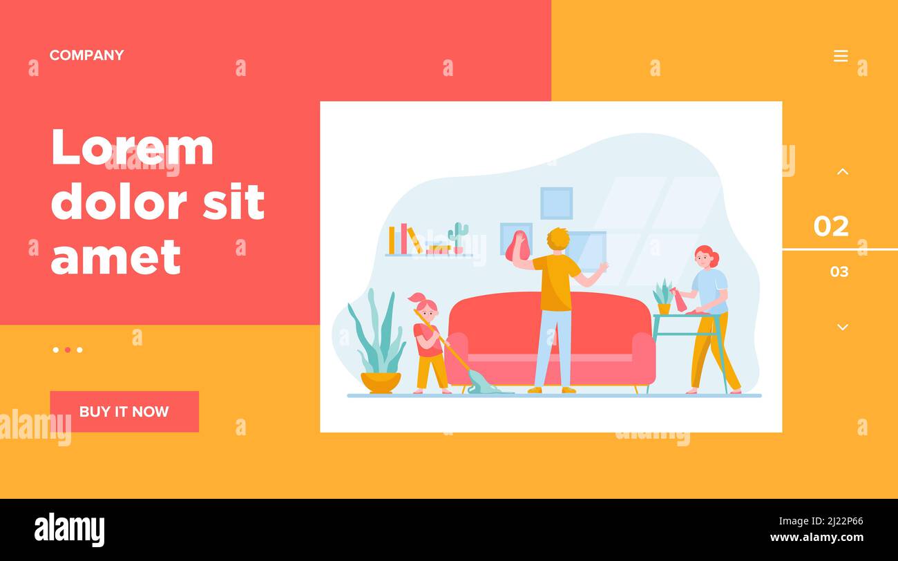 Happy family cleaning apartment flat vector illustration. Cartoon ...