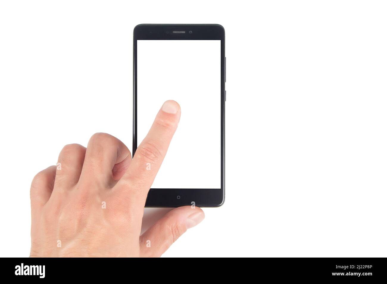 Hand touching smartphone screen isolated on white, mock up phone mobile ...