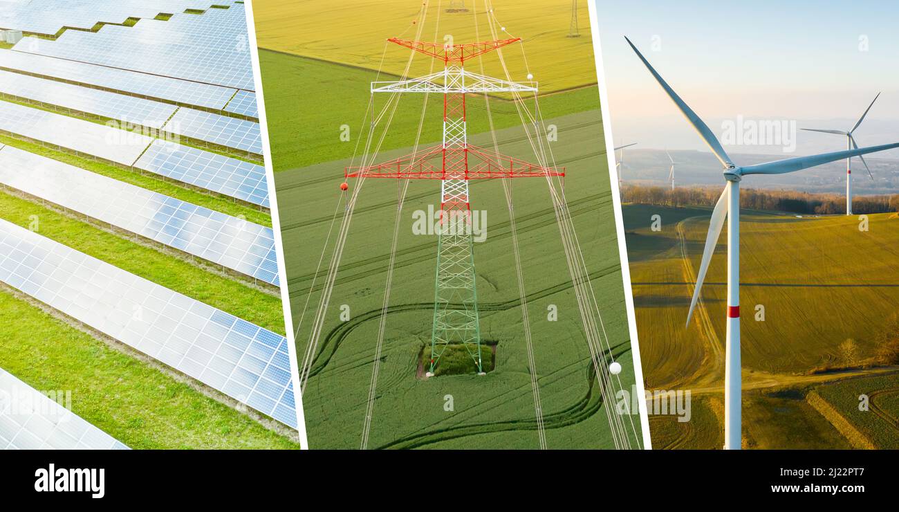 Generation of green energy with solar panels. wind farm with wind ...