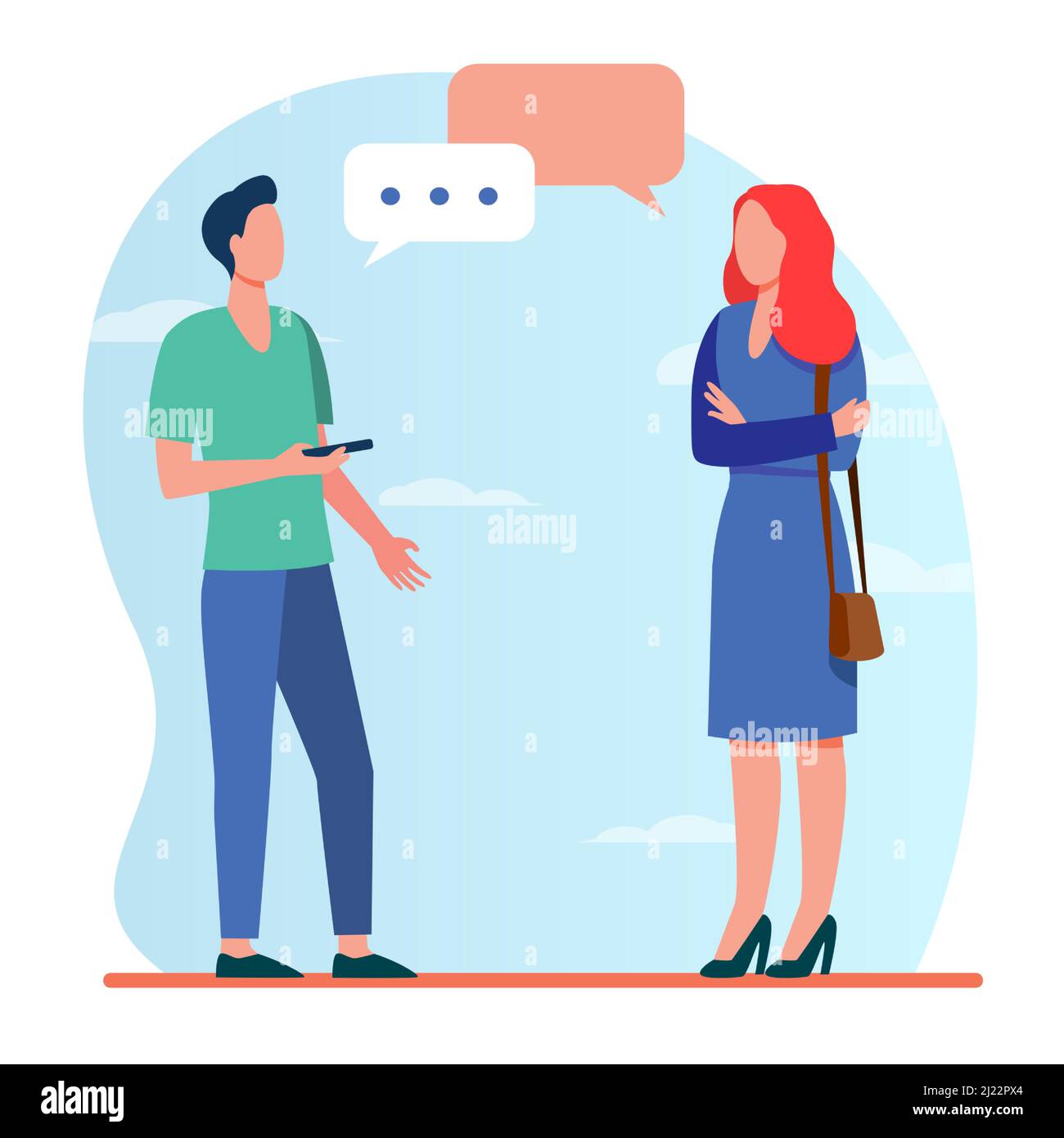 Man with smartphone and woman talking outside. Conversation, speech ...