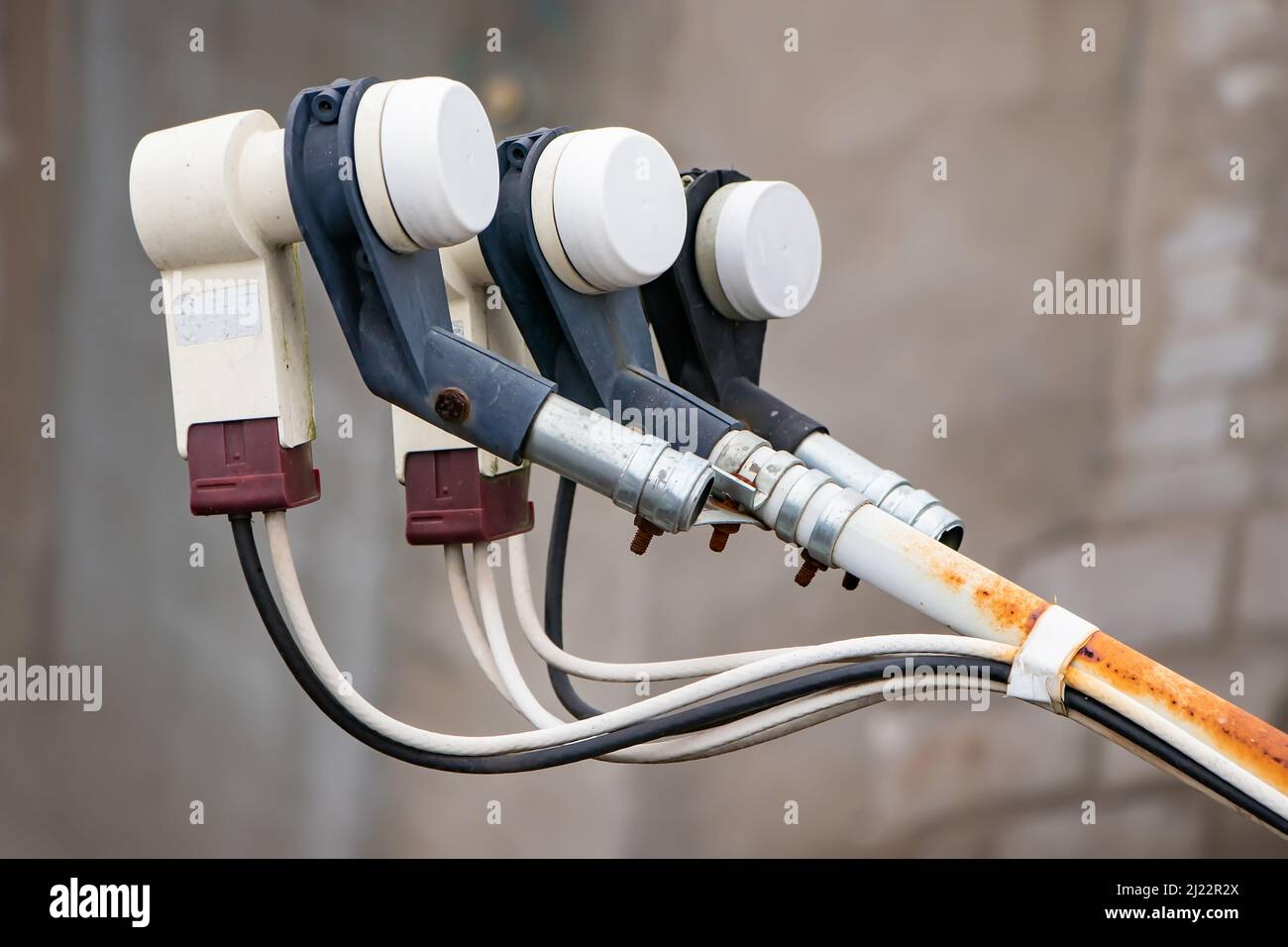 Multi-feed satellite antenna with multiple feeds (converters) closeup ...