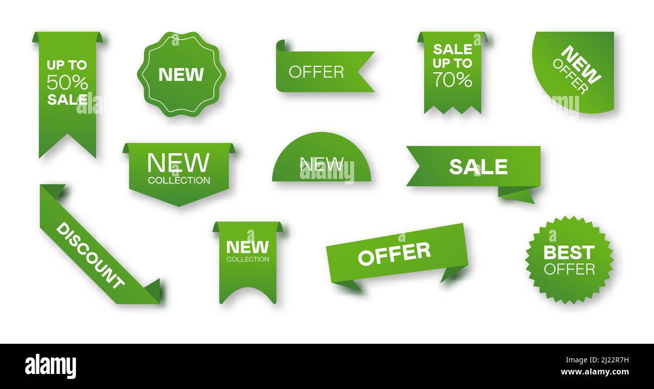 Different sale green ribbons flat icon set. Price badges, special offer ...
