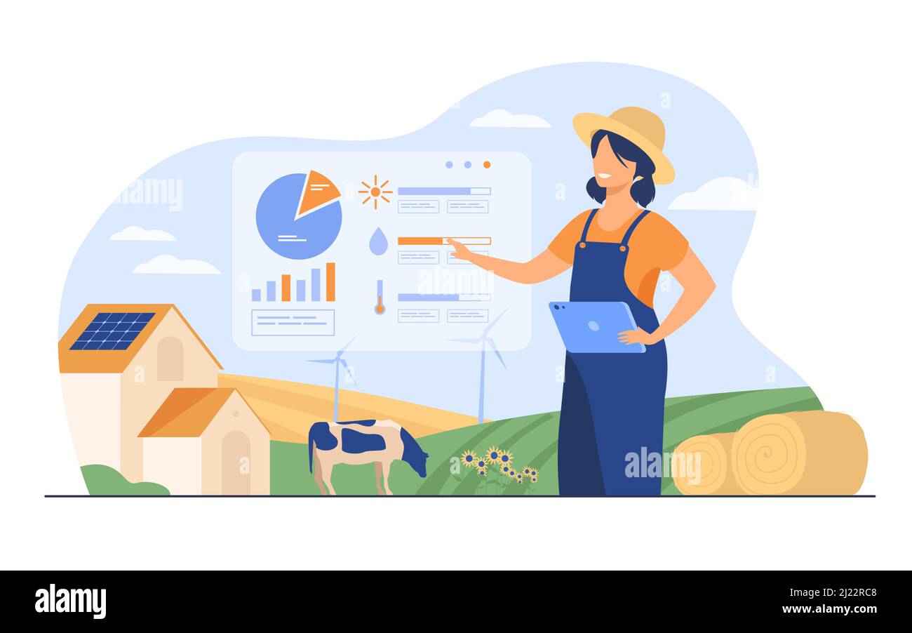 Happy female farmer working on farm to feed population flat vector ...