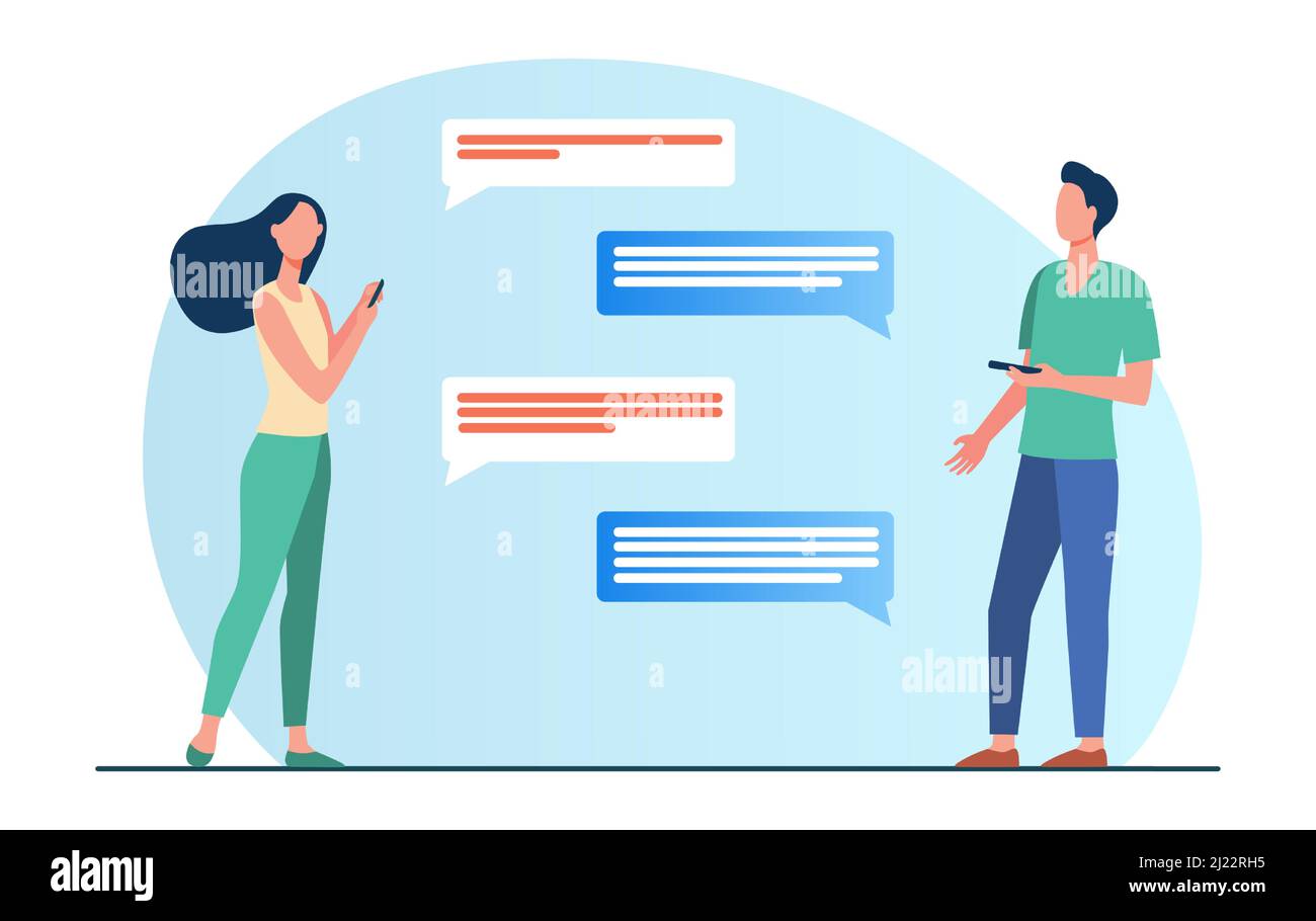 Man and woman chatting online. People using mobile phones, speech ...