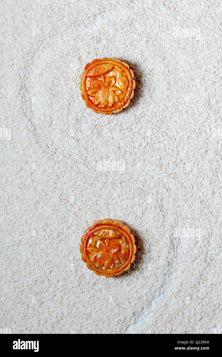 A top view of Chinese traditional yuebing bakery on a white fabric ...