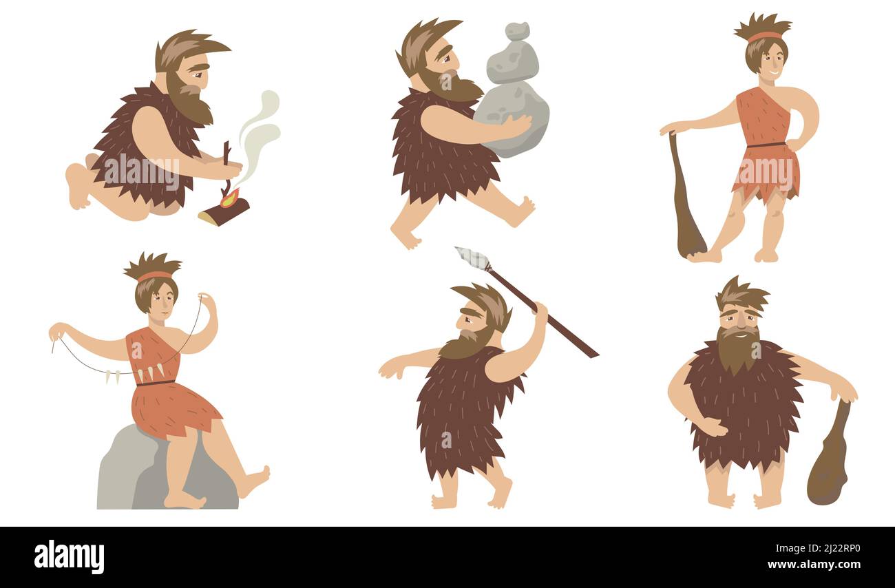 Promotive cave people set. Ancient man and woman controlling fire ...