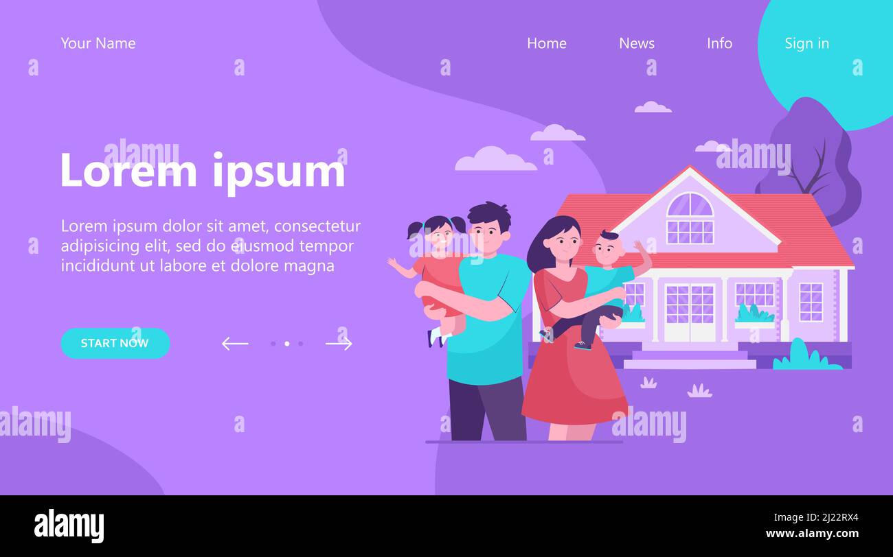 Happy young family standing in front of house flat vector illustration ...