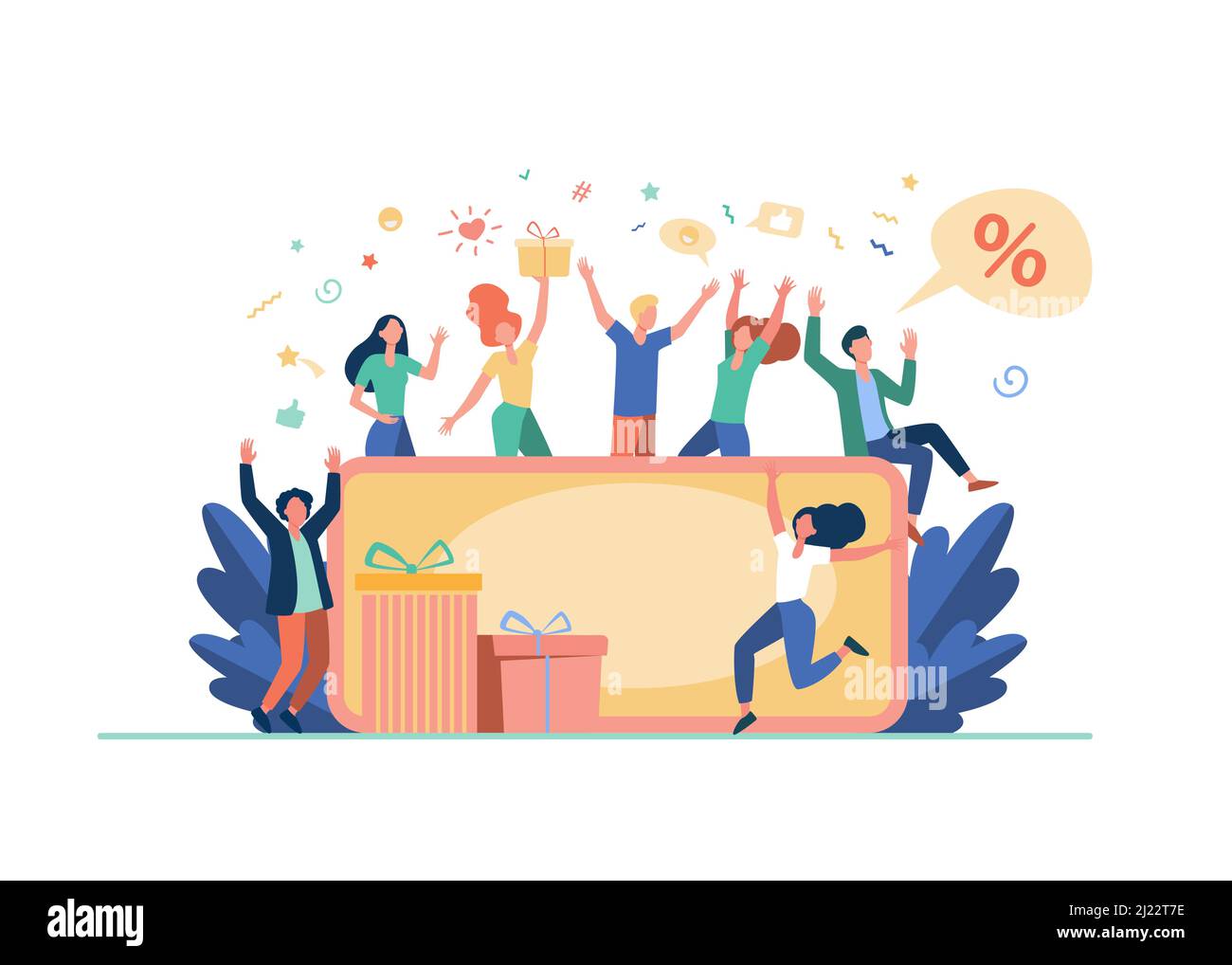 People celebrating with gift card voucher isolated flat vector ...