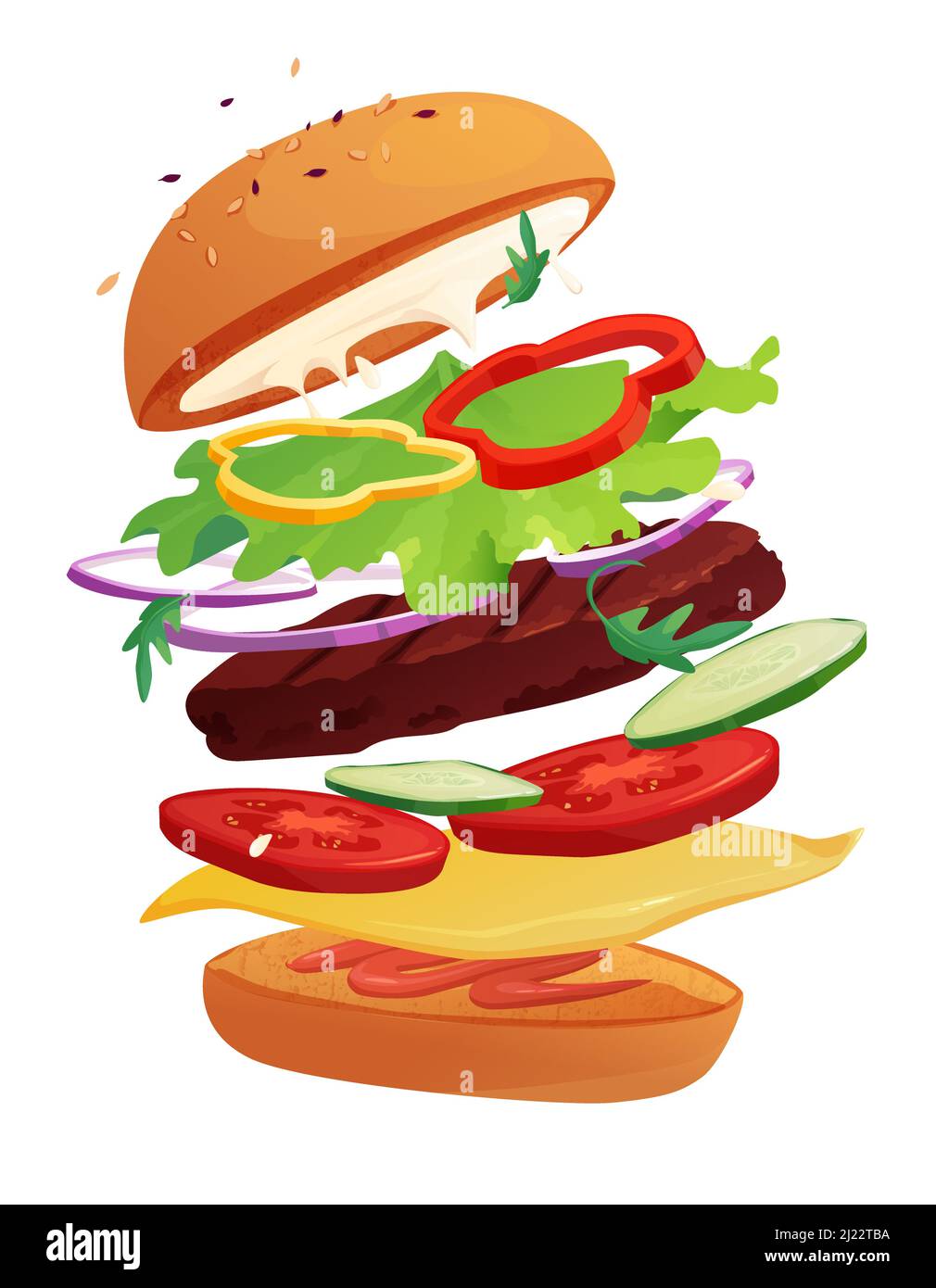 Delicious flying burger with chili, tomato, cheese, cucumber, meat ...