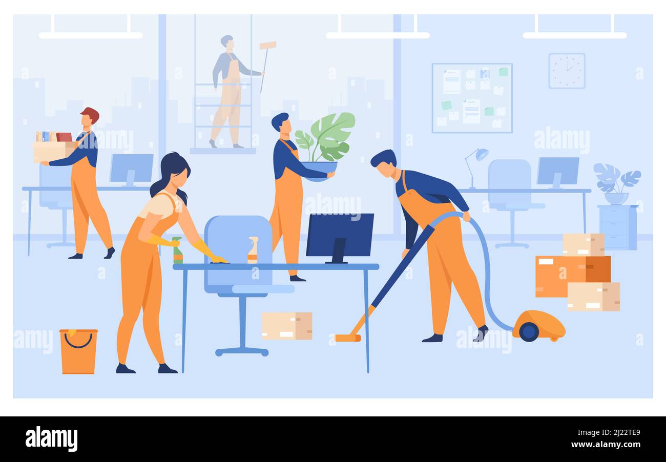 Professional janitors working in office isolated flat vector ...
