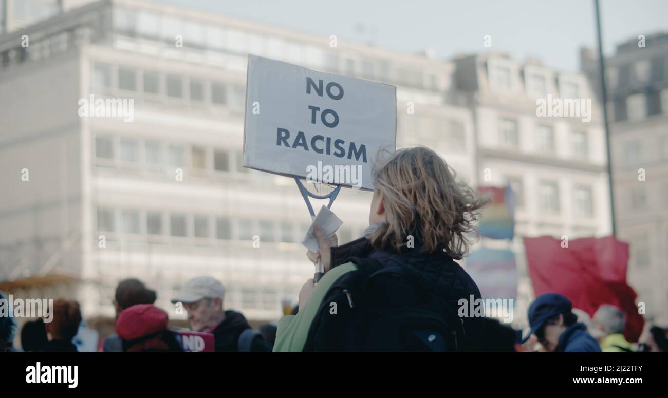 London, UK - 03 19 2022: A woman protester holding a sign, ‘No To ...