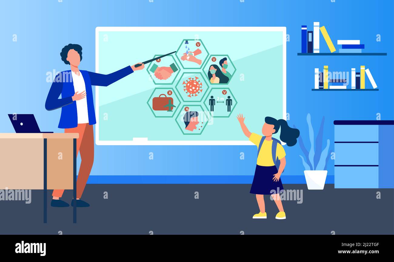 School teacher presenting coronavirus infographics. Ban, restriction ...