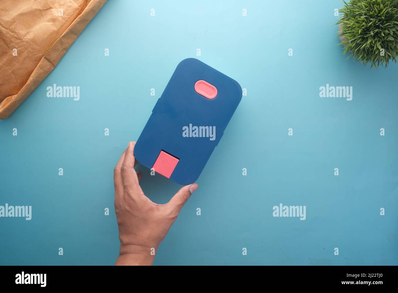 top view of a lunch box on color background Stock Photo - Alamy