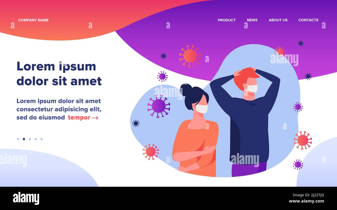 People feeling anxiety and panic about coronavirus outbreak. Man and woman wearing face masks ...