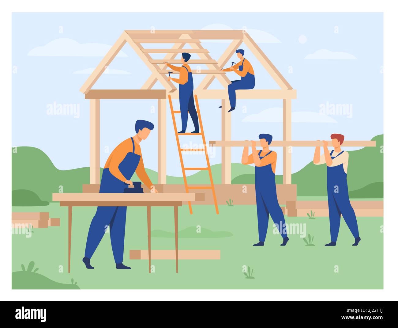 Professional carpenters team building house isolated flat vector ...