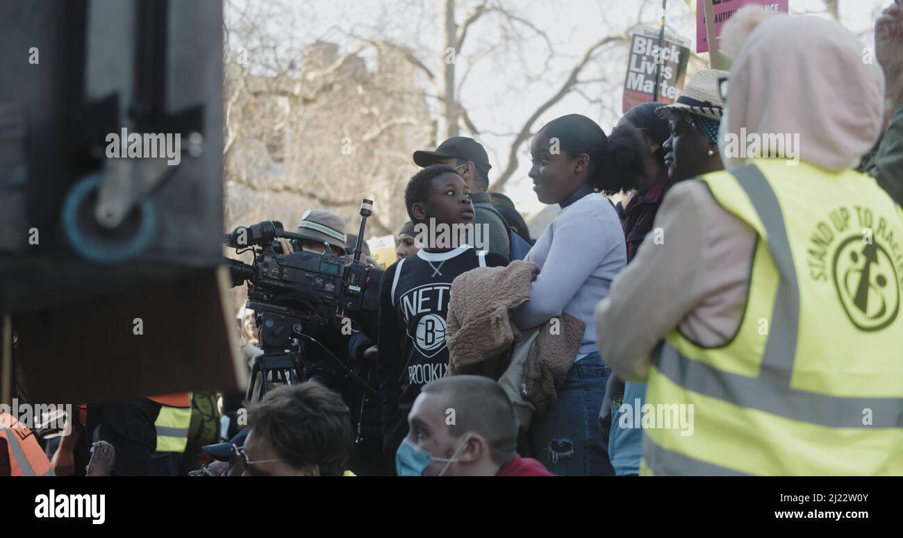 London, UK - 03 19 2022: Two black children at a protest on Parliament ...
