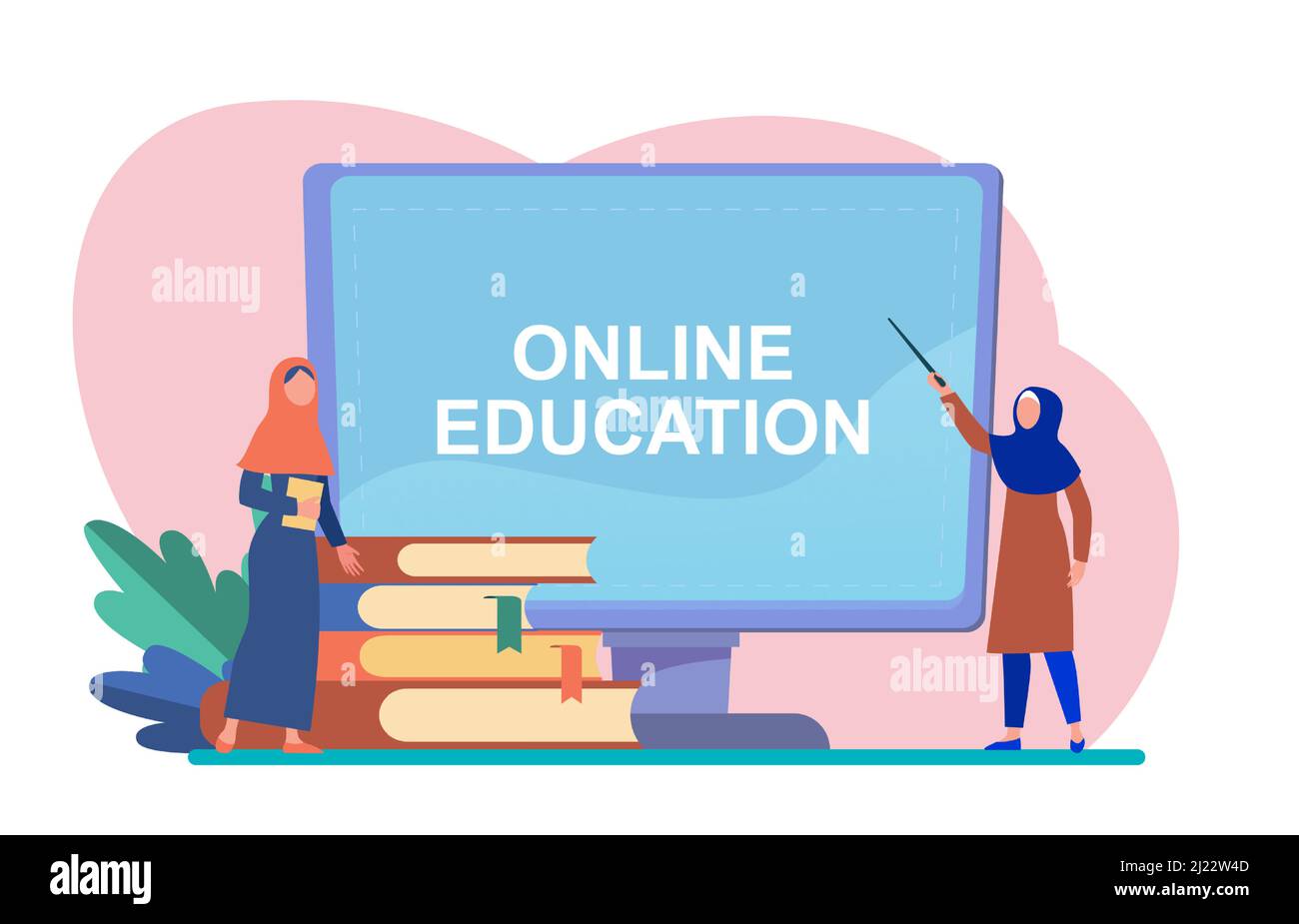 Tiny Arabian woman learning via computer. Book, student, internet flat ...