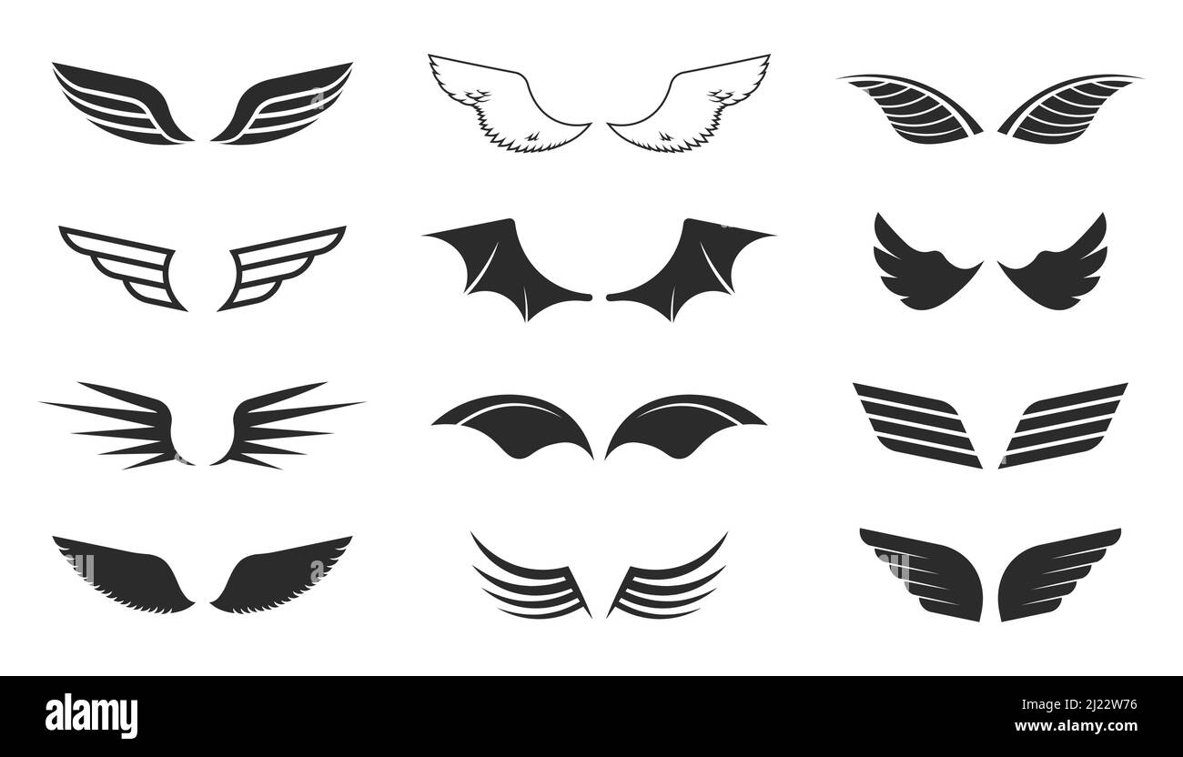 Monochrome wings set. Flying symbols, black shapes, pilot insignia ...