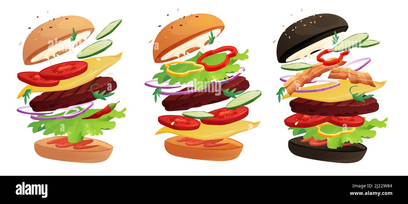 Delicious flying burger with chili, tomato, cheese, cucumber, meat ...