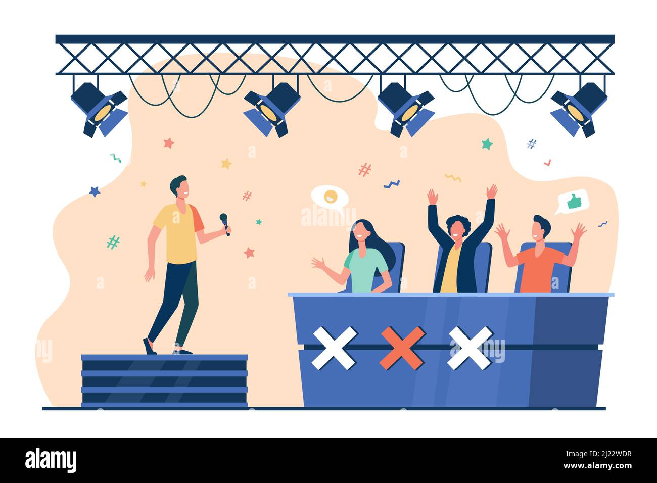 Vocal competition event. Performer singing on stage before jury ...