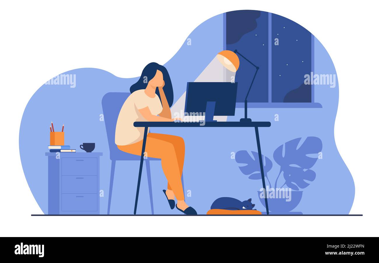 Woman working at night in home office isolated flat vector illustration ...