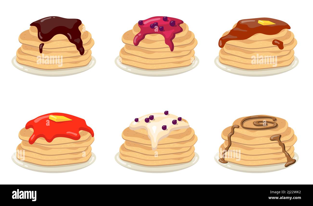Stack of pancakes set. American breakfast dish with various toppings, blueberry jam, chocolate ...