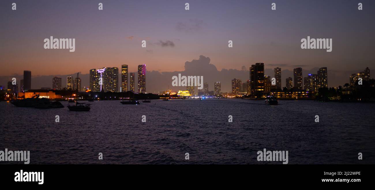 Evening view over Downtown Miami with its colorful skyline Stock Photo ...