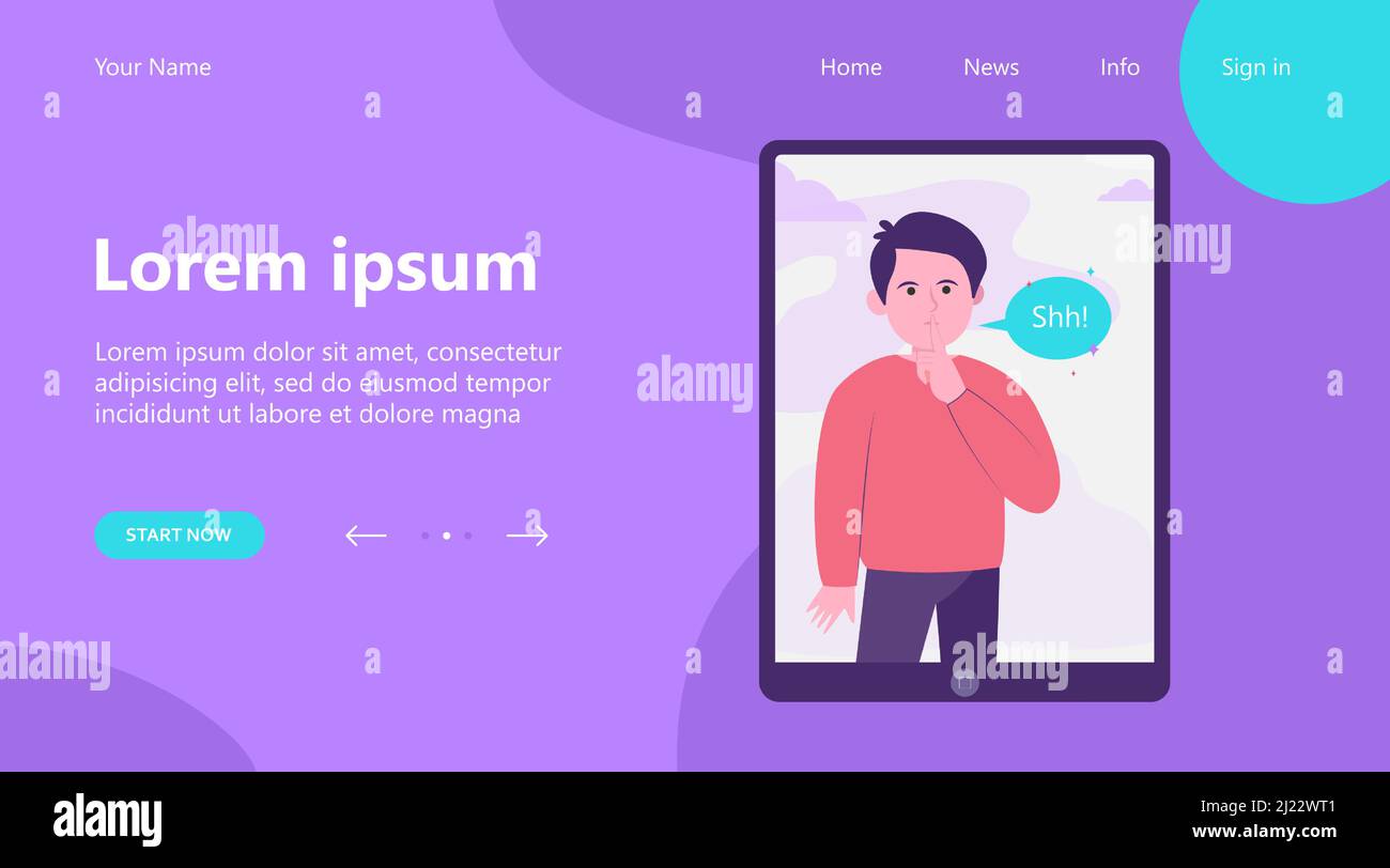 Shh man on tablet computer screen. Finger, silence, speech bubble flat ...